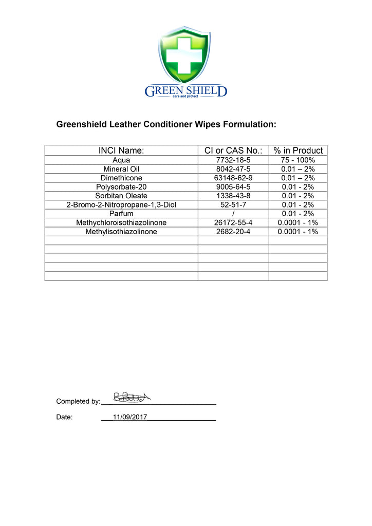 GreenShield Wet Wipes Specifications Greenshield
